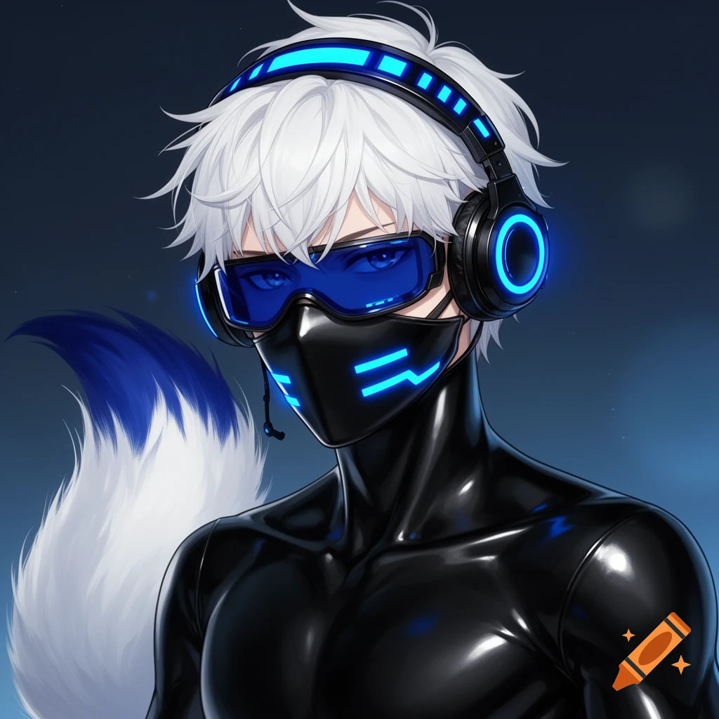 Anime man with white hair, blue eyes, fox tail, blue glowing goggles ...