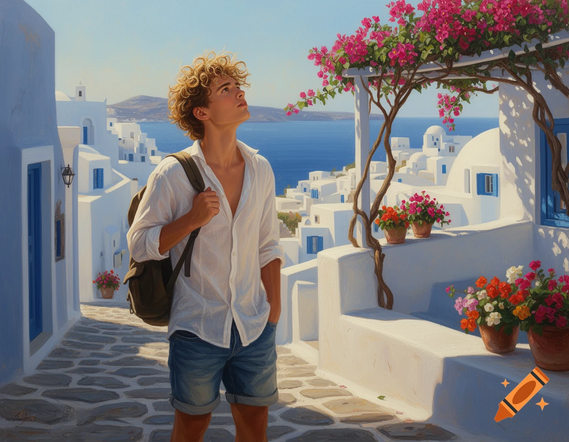 A young man with curly hair and a backpack stands on a cobblestone ...