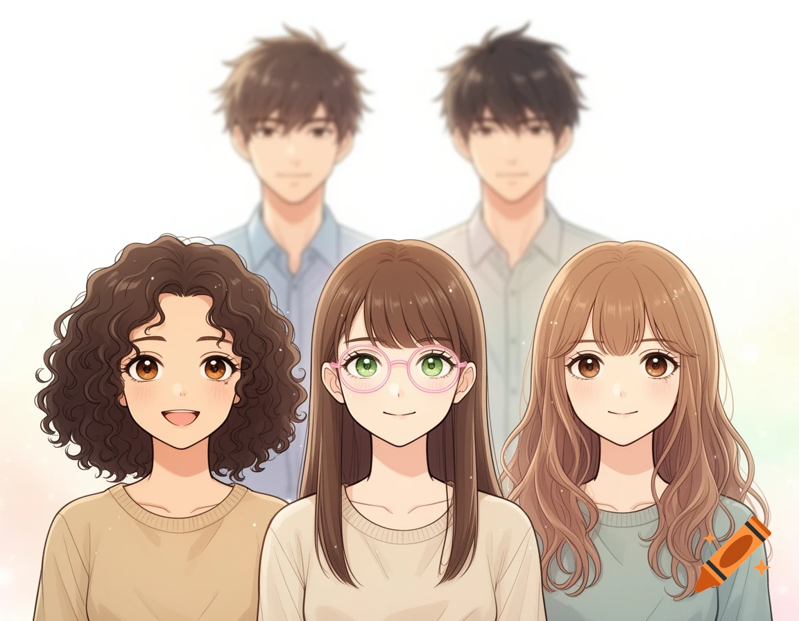 Anime illustration of three smiling girls with varying hair colors and ...