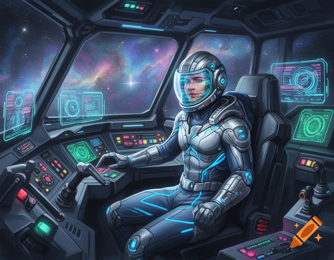 A futuristic pilot in a silver and blue spacesuit sits at the controls ...