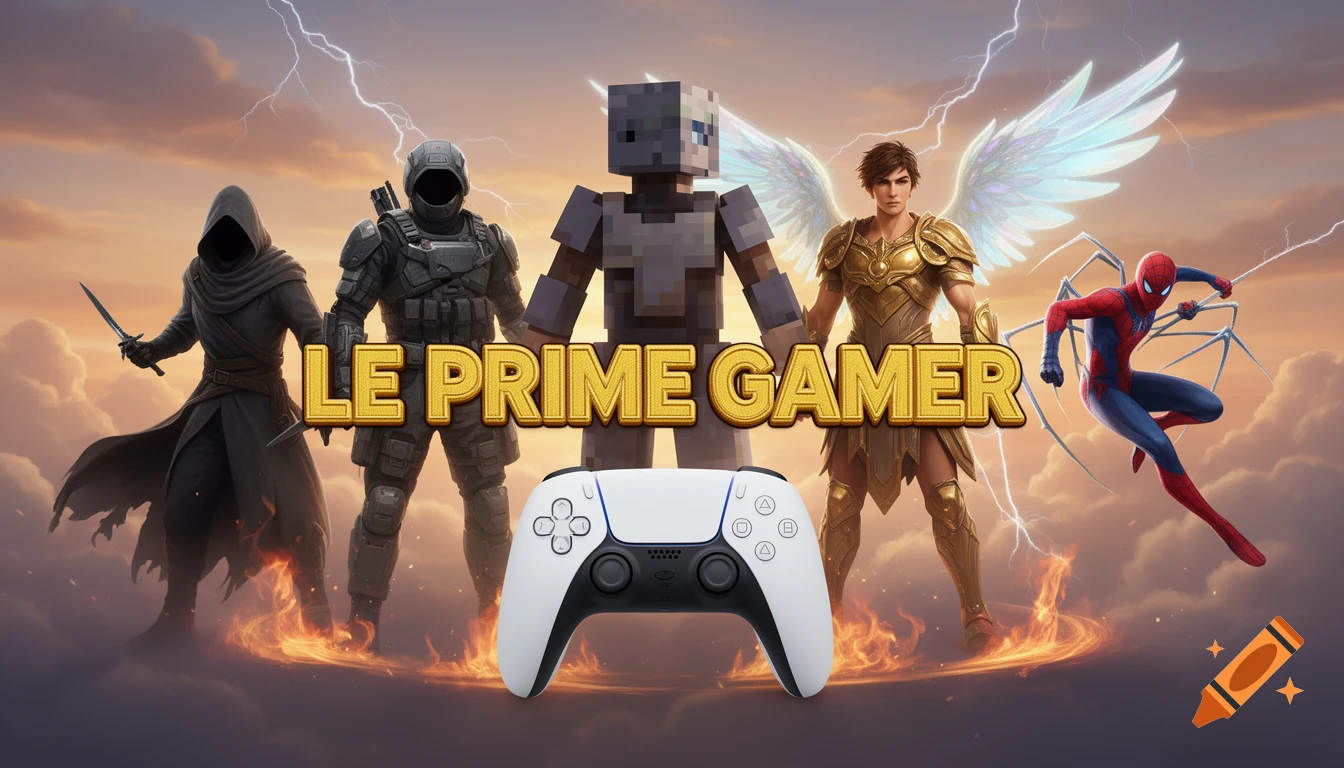 A gaming banner with diverse video game characters, a white PS5 ...