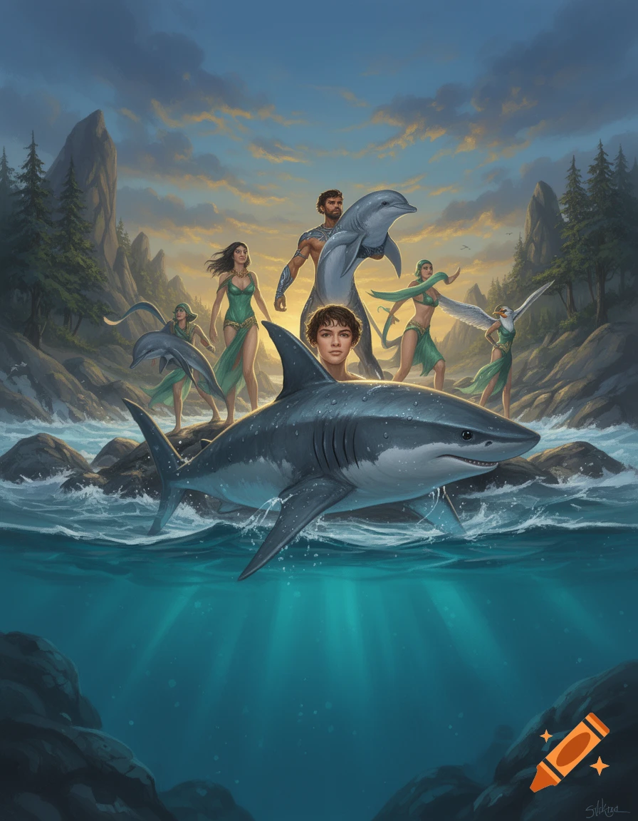 Fantasy illustration of a group of human-animal hybrids, including a ...