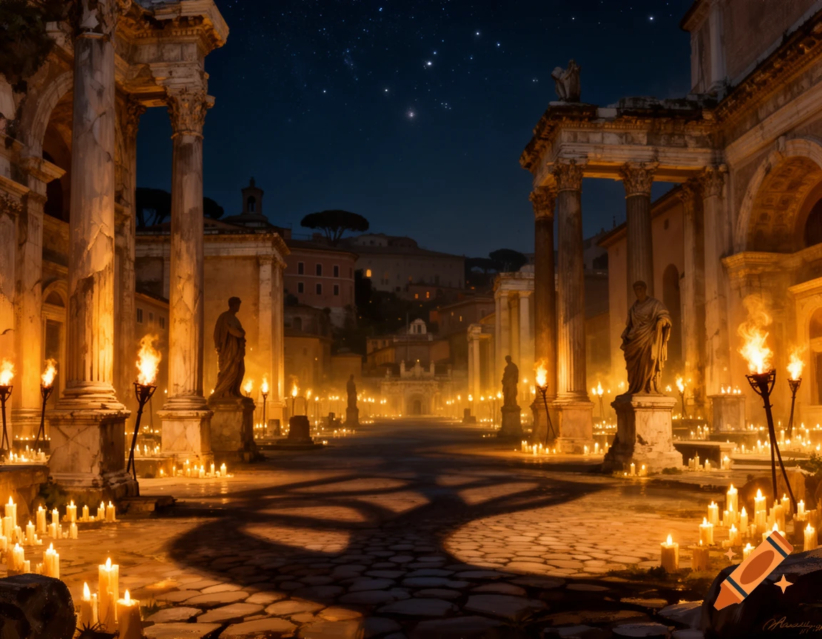 Nighttime view of an ancient Roman city square, dramatically lit by ...