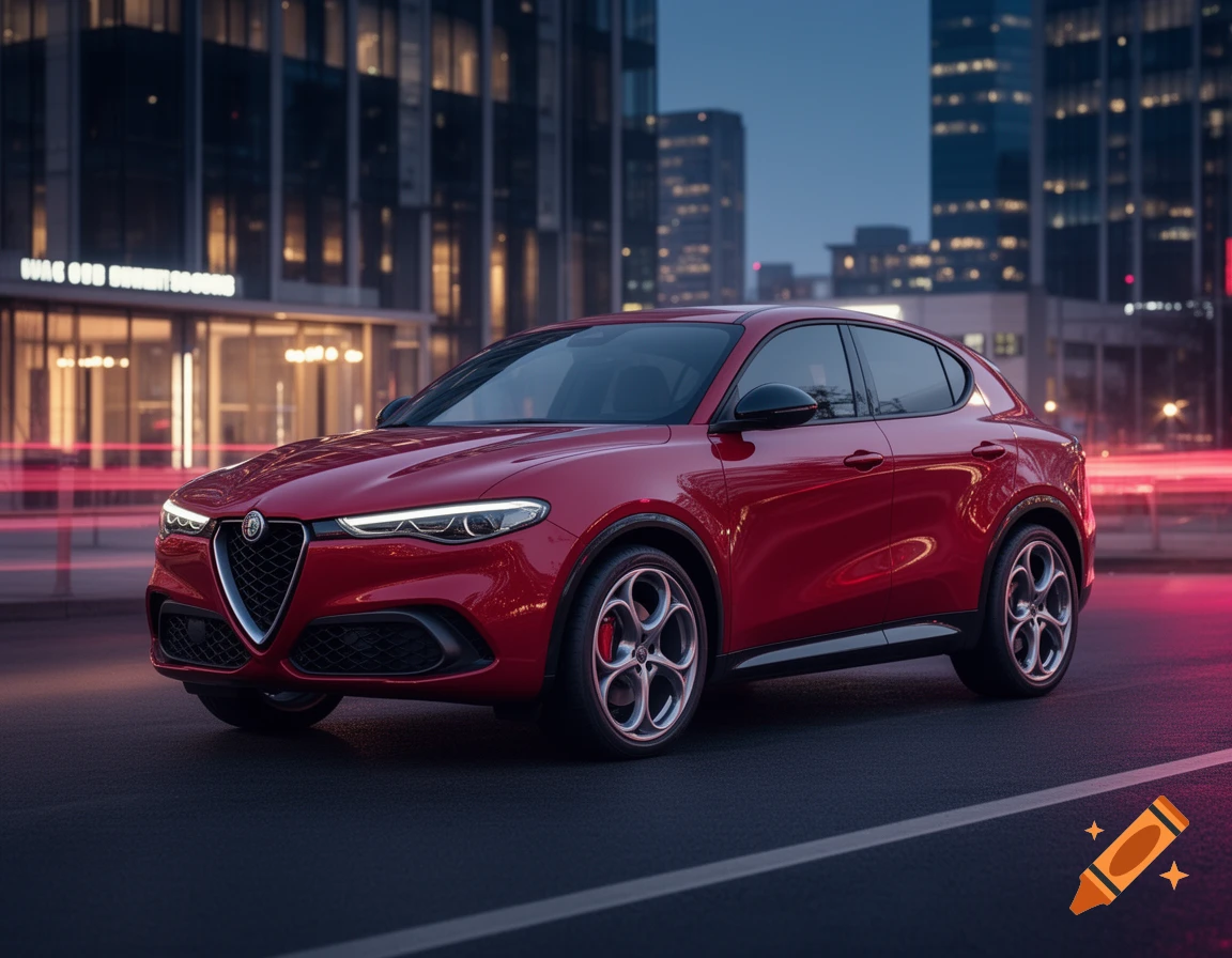 A photorealistic red Alfa Romeo Tonale SUV parked on a city street at ...