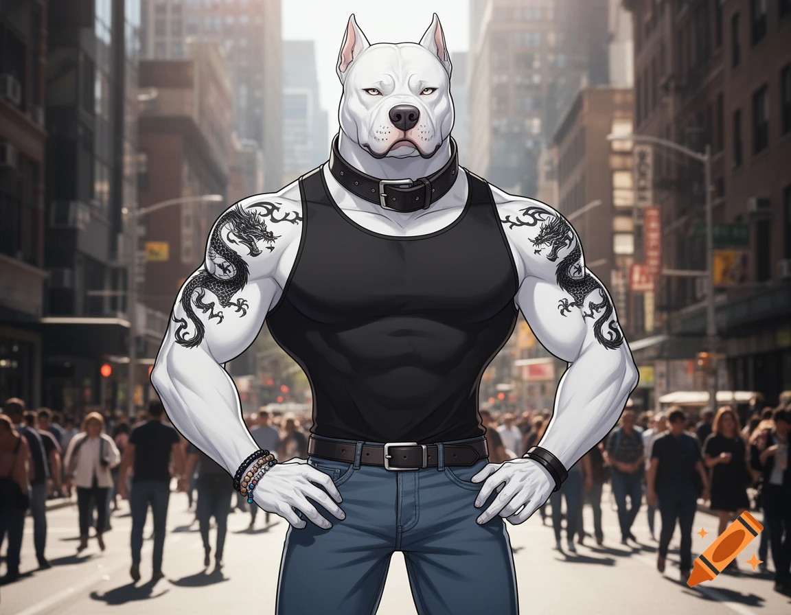 Anime-style anthropomorphic white pitbull with dragon tattoos, black ...