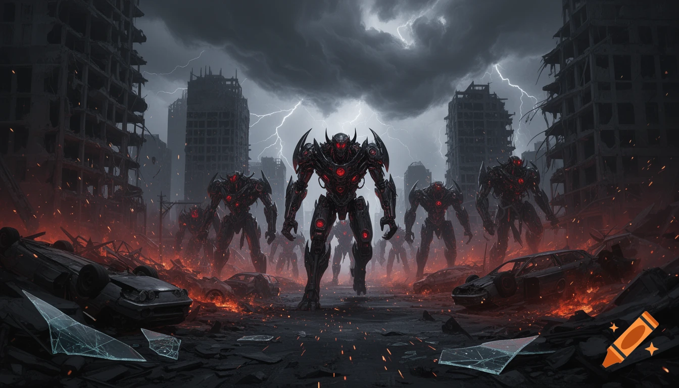 Evil robots with glowing red eyes stand amidst a destroyed, burning ...