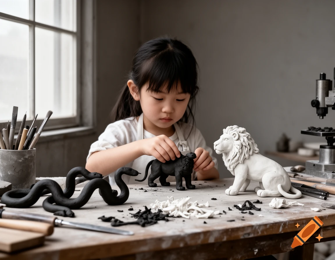 A young Asian girl in a white apron sculpts a black clay lion at a ...