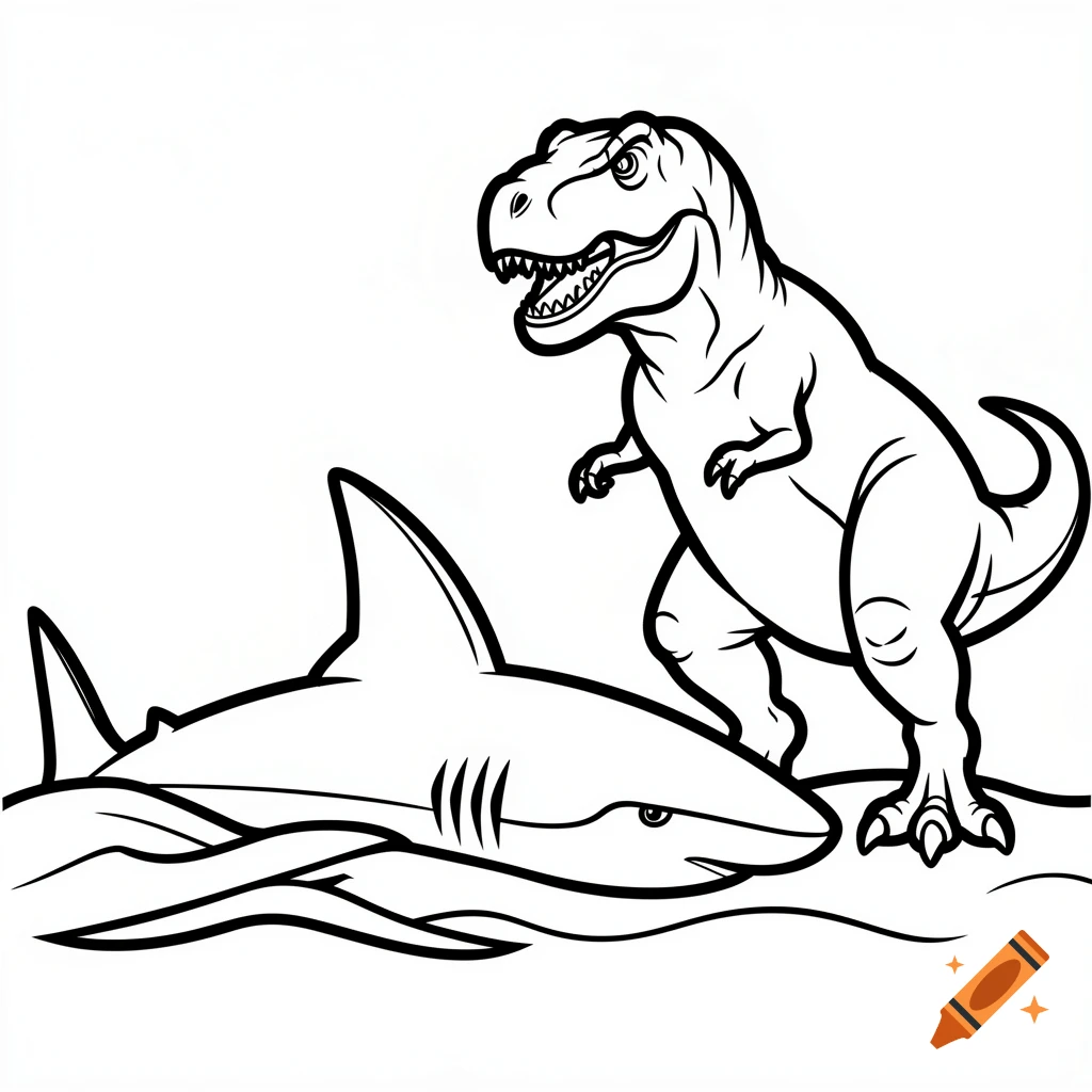 Black and white coloring page illustration of a T-rex standing on land ...