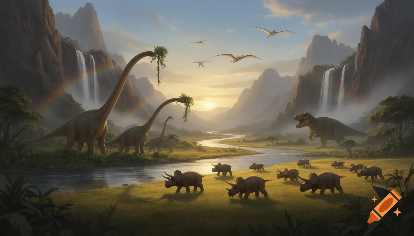 A vibrant prehistoric valley at sunset, featuring brachiosaurs ...