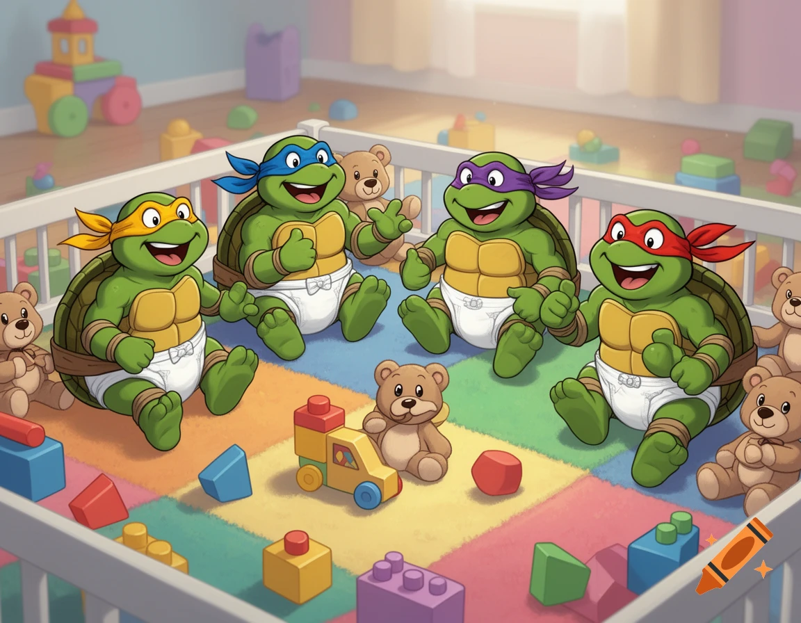 Four cartoon baby Teenage Mutant Ninja Turtles in diapers play with ...