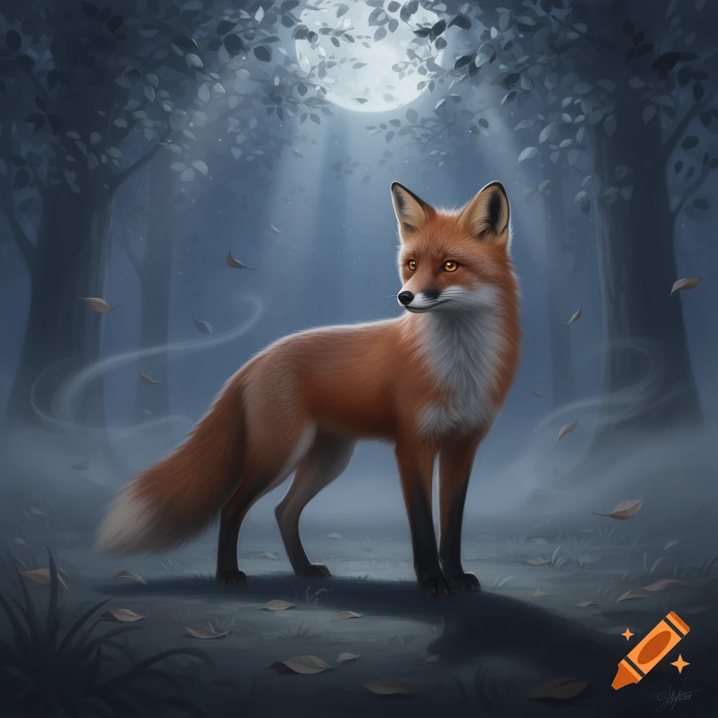 A vibrant red fox stands in a mystical, moonlit forest, with glowing ...