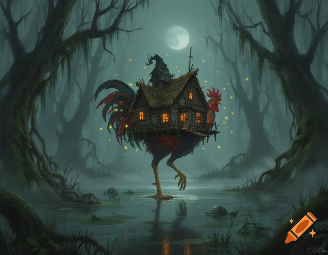 A witch's hut with glowing windows on long rooster legs walks through a ...