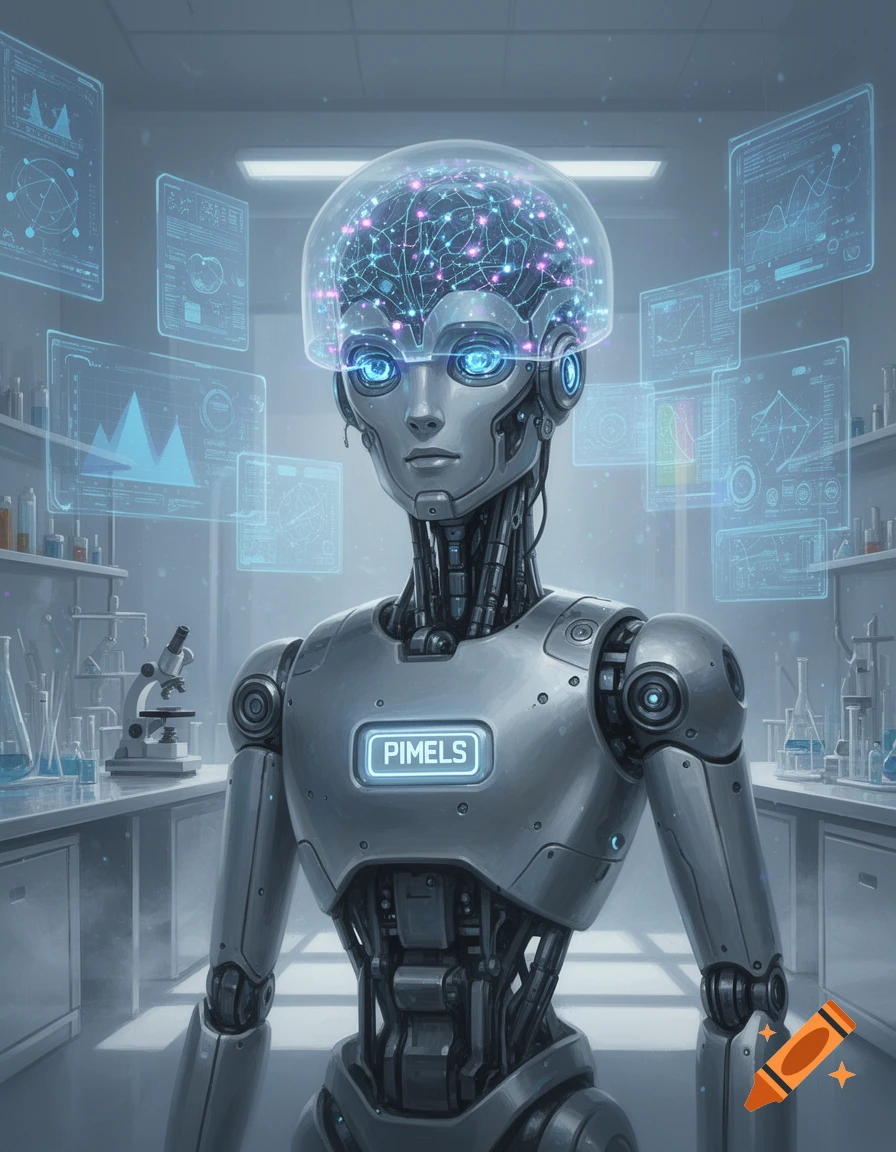 A futuristic silver robot with a transparent head showing a glowing ...