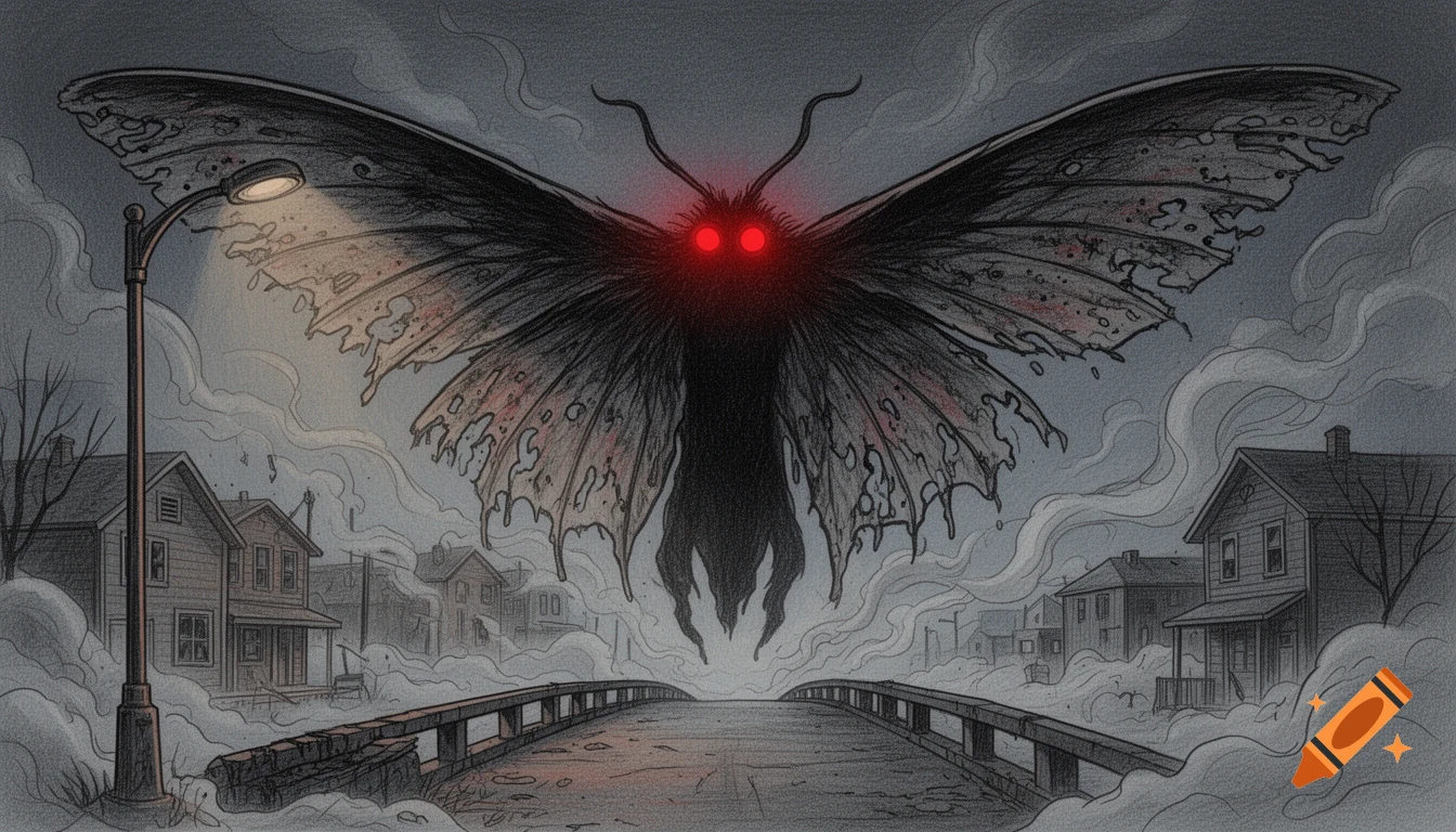 Hand-drawn illustration of the Mothman with glowing red eyes and large ...