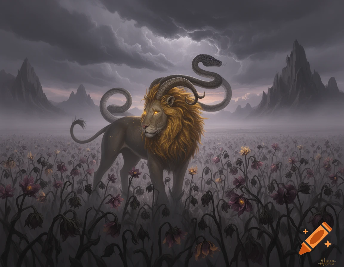 A fantastical chimera with glowing eyes stands in a field of wilting ...