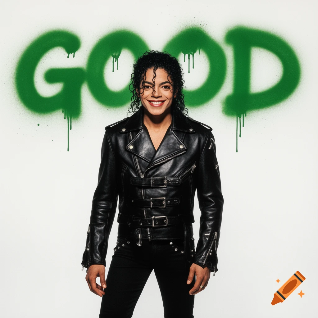 Michael Jackson smiles in a black leather jacket against a white ...