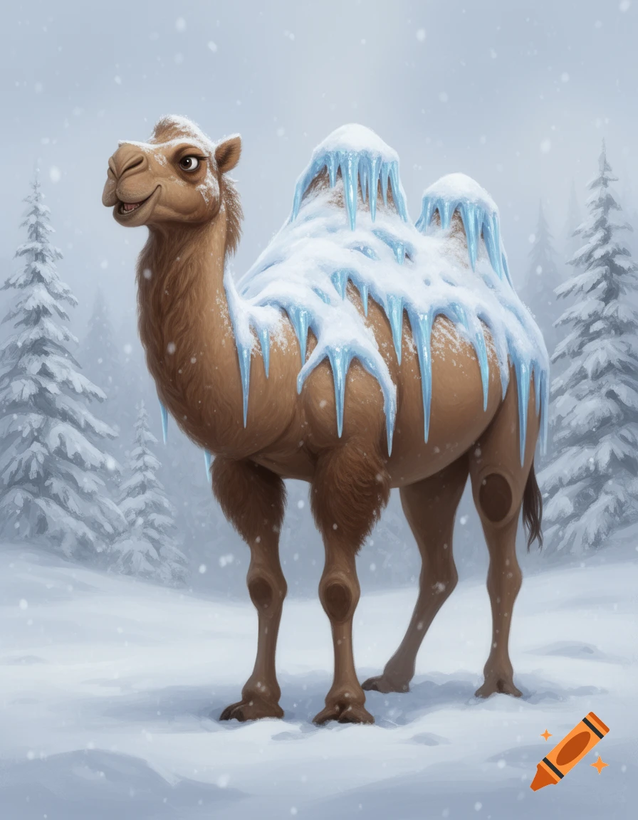 A cartoon camel covered in snow and icicles stands in a snowy forest ...