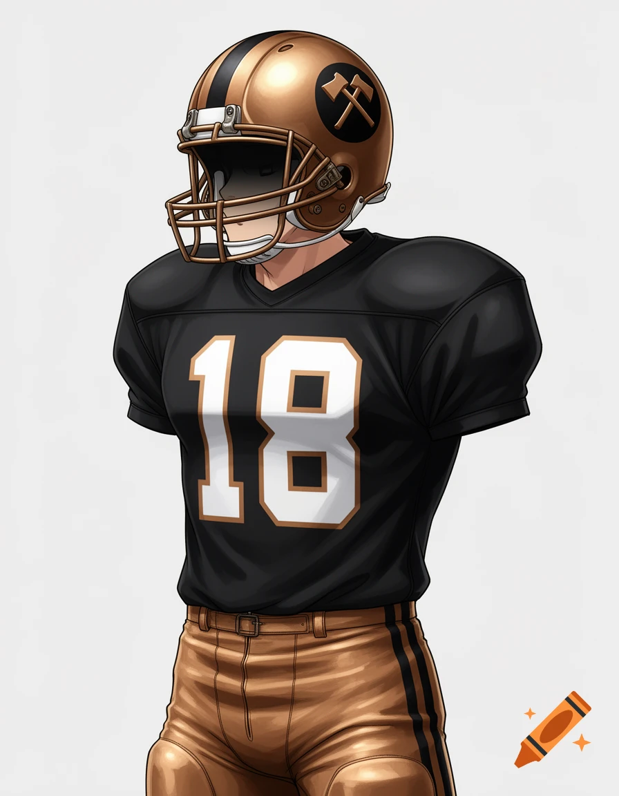 A vintage football uniform with a bronze helmet, black jersey with '18 ...