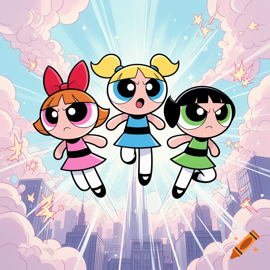 Blossom, Bubbles, and Buttercup from The Powerpuff Girls flying above a ...