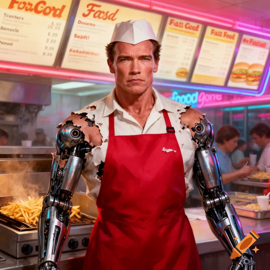 Arnold Schwarzenegger as a Terminator fast-food worker with robotic ...
