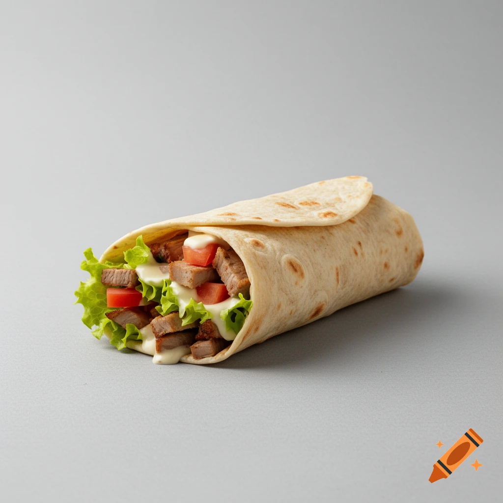 Photorealistic product photo of a shawarma wrap filled with meat ...