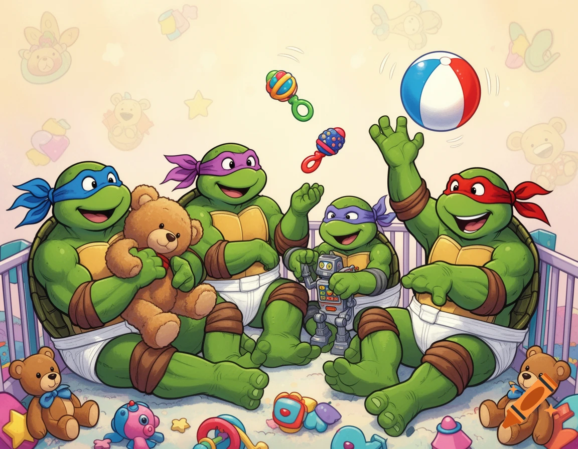 Four adult Ninja Turtles in diapers playing with baby toys and teddy ...