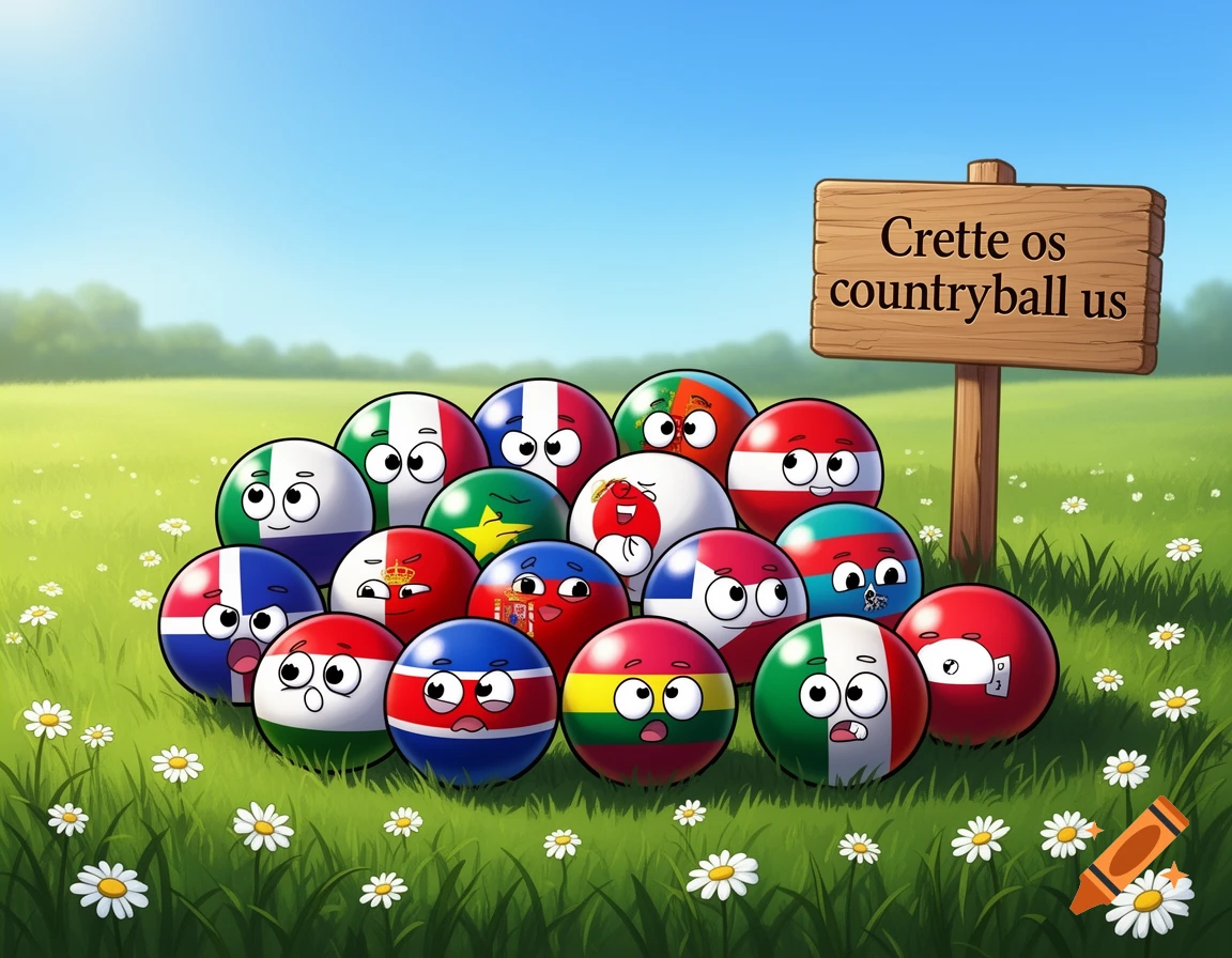Cartoon countryballs with various flag designs and expressive faces ...