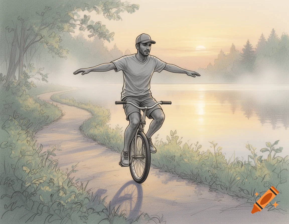 A sketch-like illustration of a man balancing on a unicycle with arms ...