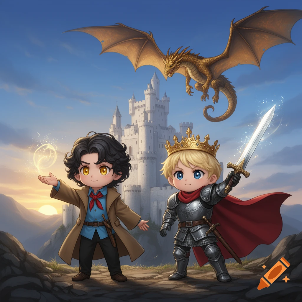Chibi Merlin and King Arthur with a golden dragon flying over a castle ...