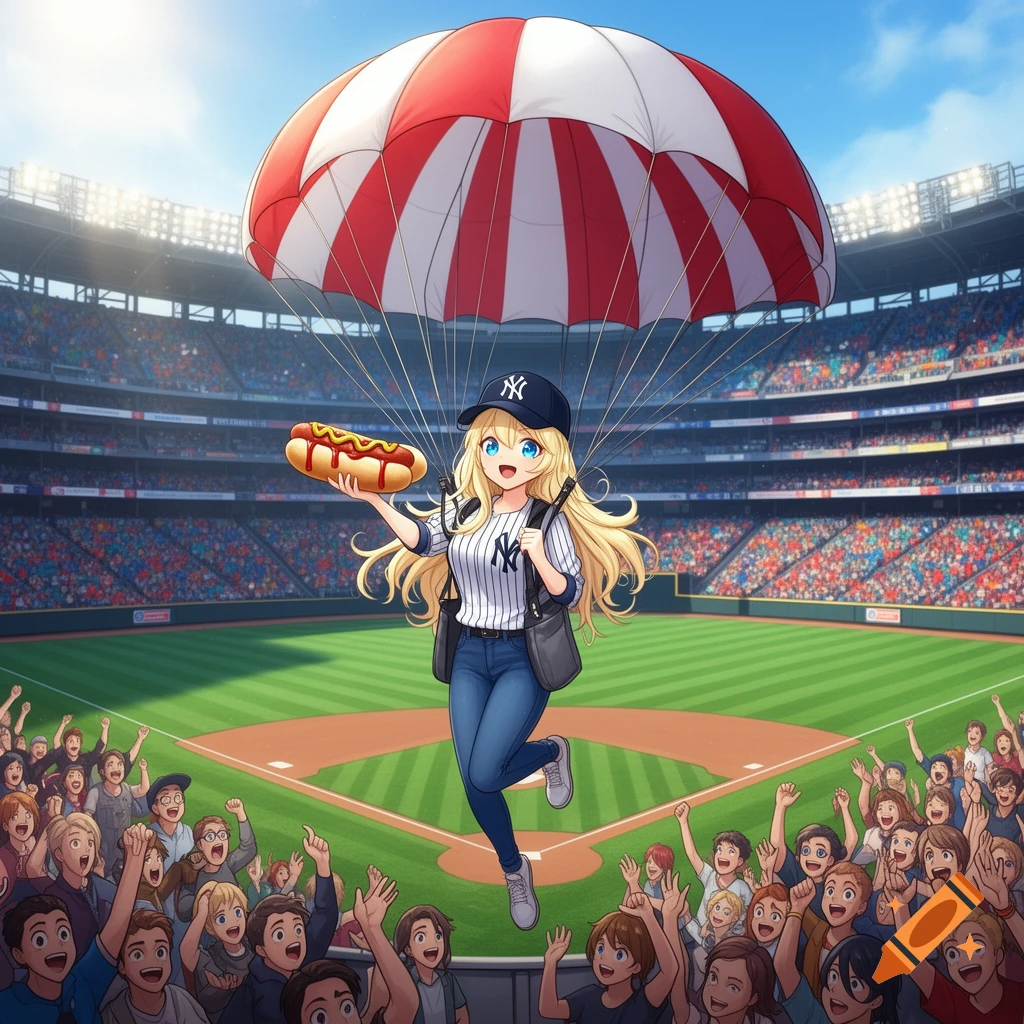 Blonde anime girl in a Yankees uniform parachutes into a stadium ...