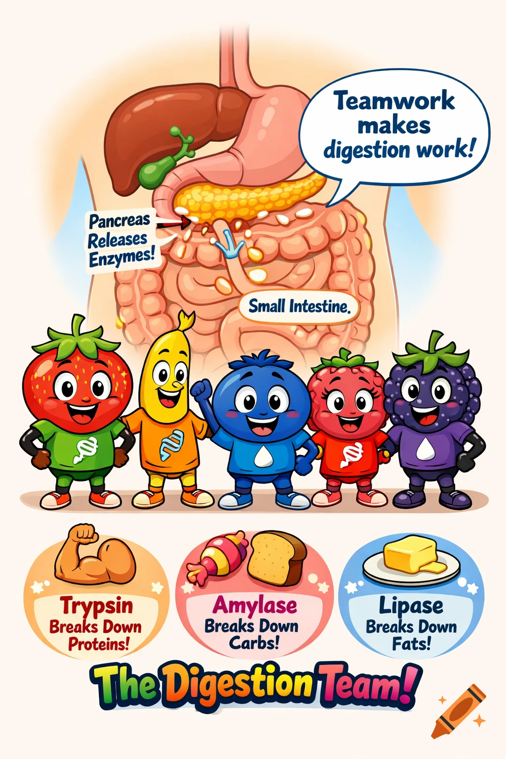 A colorful educational cartoon showing friendly fruit characters ...