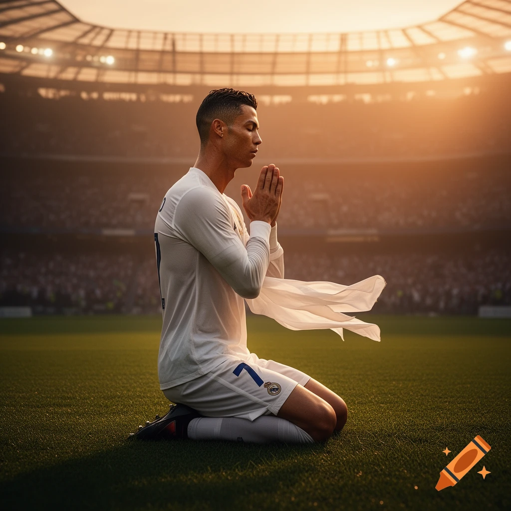Photorealistic image of Cristiano Ronaldo kneeling on a soccer field ...