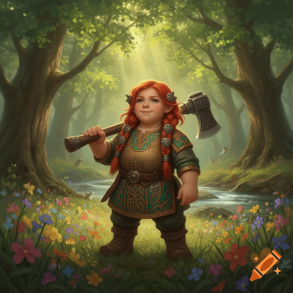 A red-haired dwarf girl in fantasy attire, holding an axe, stands in a ...