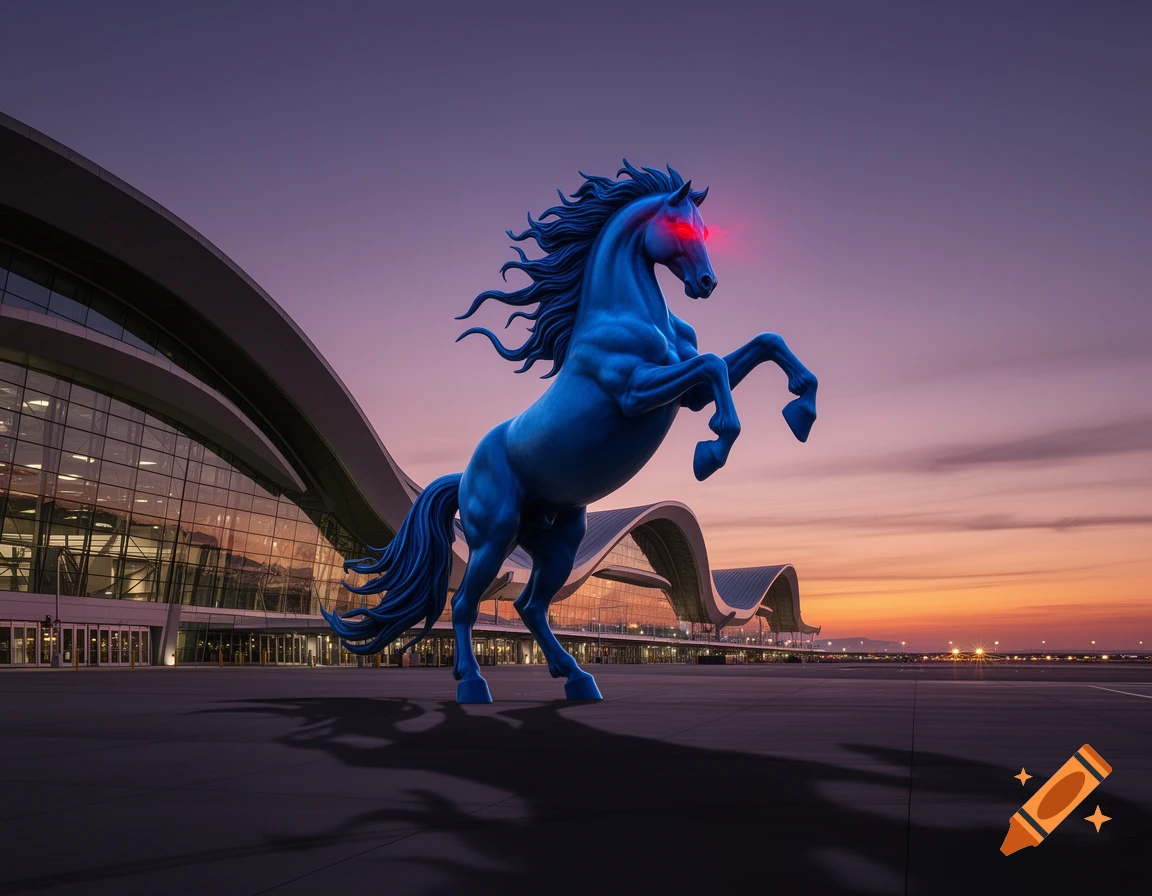 A giant blue horse statue with glowing red eyes rears up in front of a ...