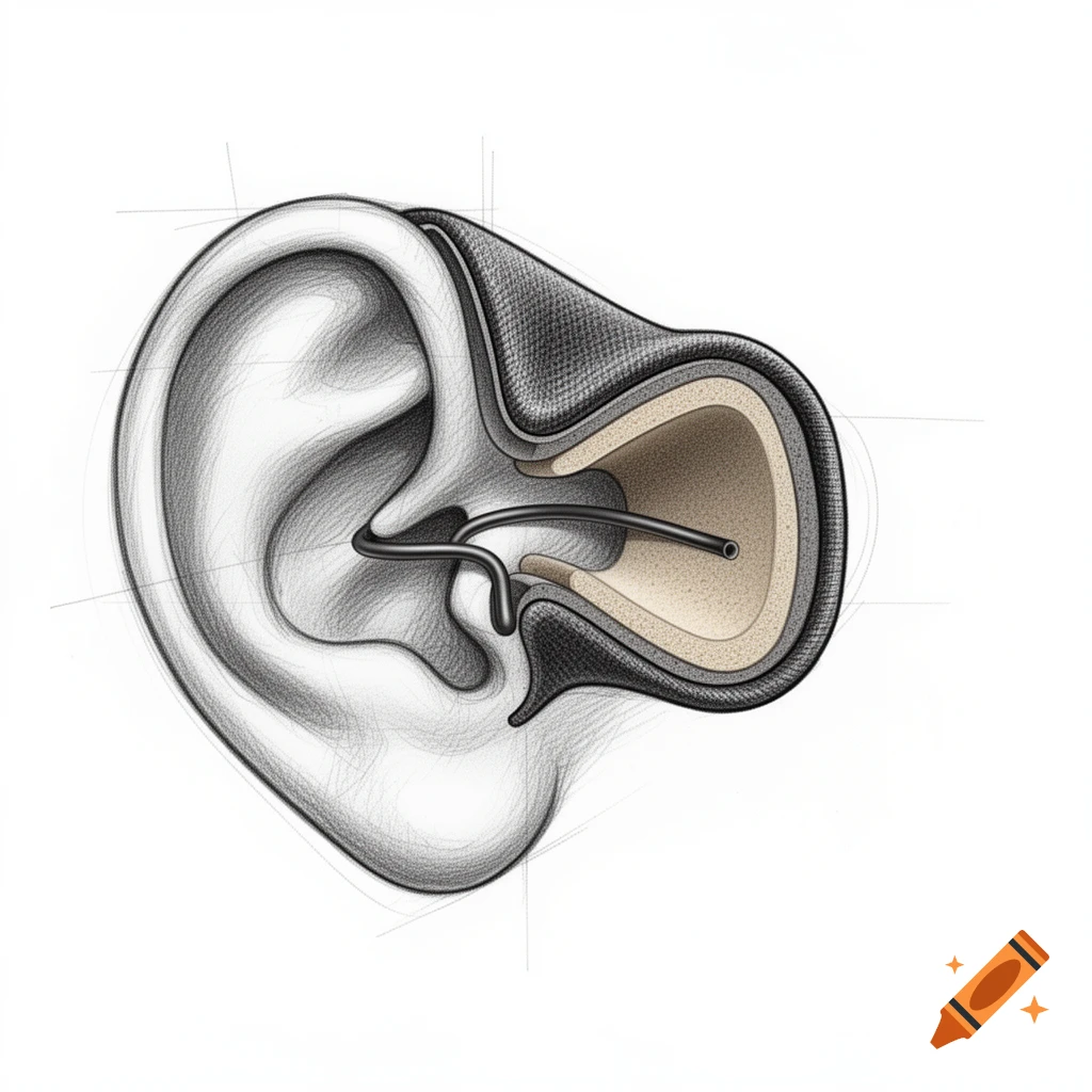 Technical sketch cross-section of an ear and a stealth earplug with ...