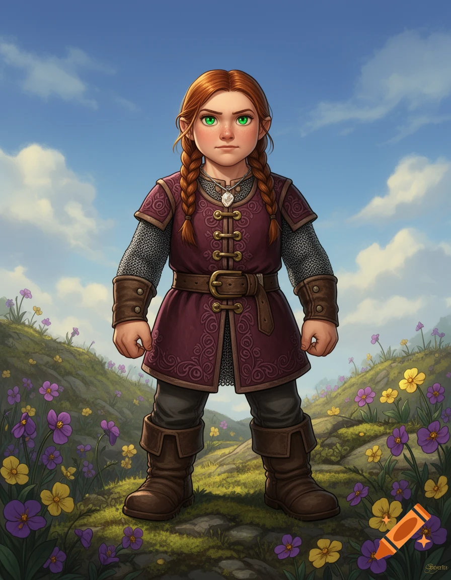 A determined dwarf girl with red braided hair and green eyes stands in ...