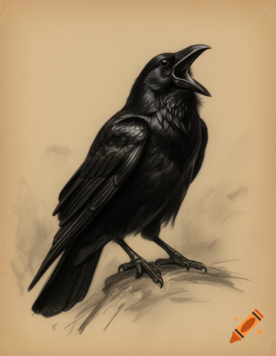 A detailed charcoal drawing of a black raven with an open beak, cawing ...