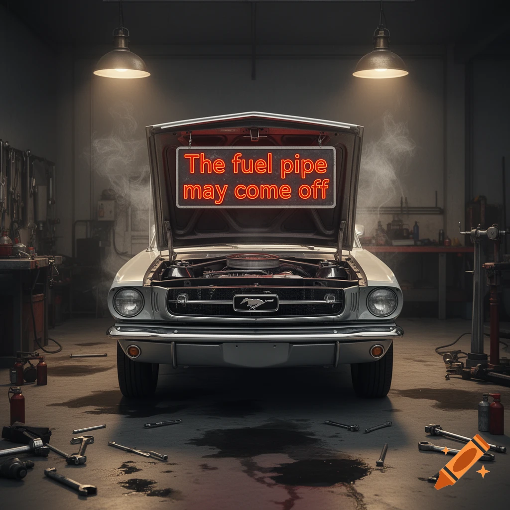 A vintage car with its hood open sits in a dimly lit garage, a red neon ...