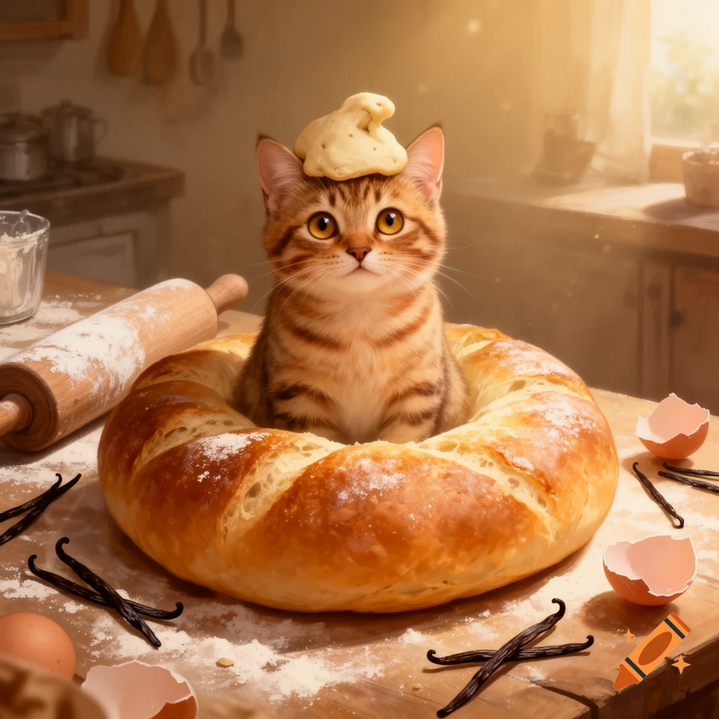 A cute tabby cat sits inside a large ring of bread with a blob of dough ...