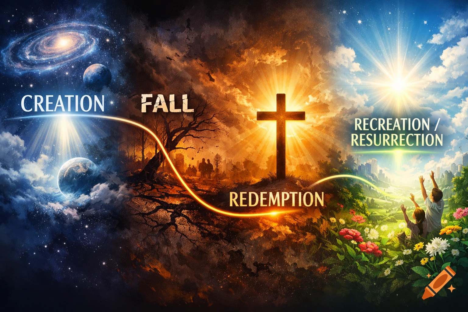 A conceptual triptych showing Creation as a galaxy, Fall as a desolate ...