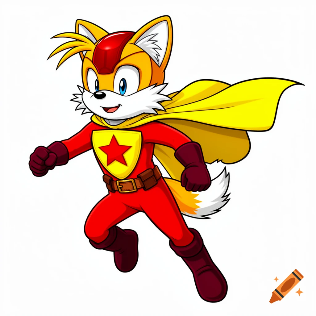Vector illustration of Tails as a superhero in a red suit, yellow cape ...