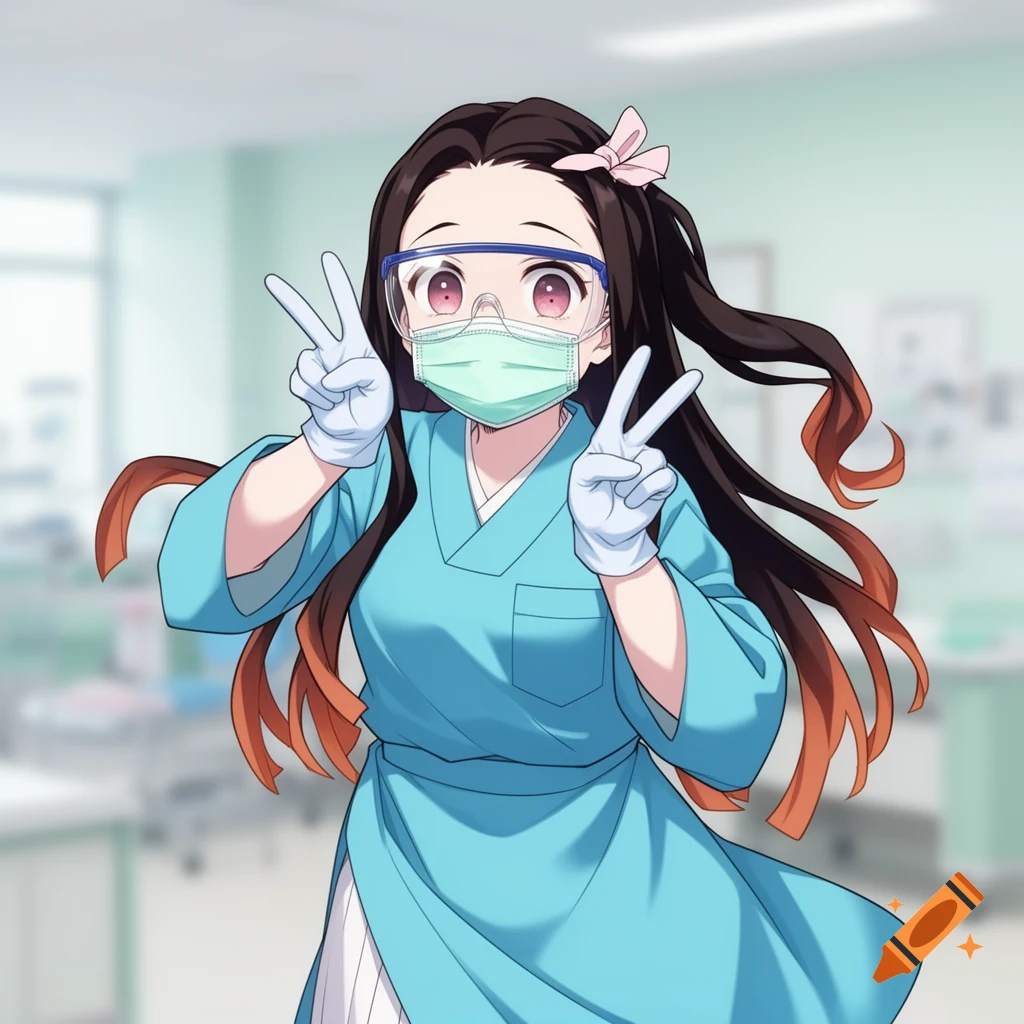 Anime character Nezuko from Demon Slayer in a blue medical gown, mask ...