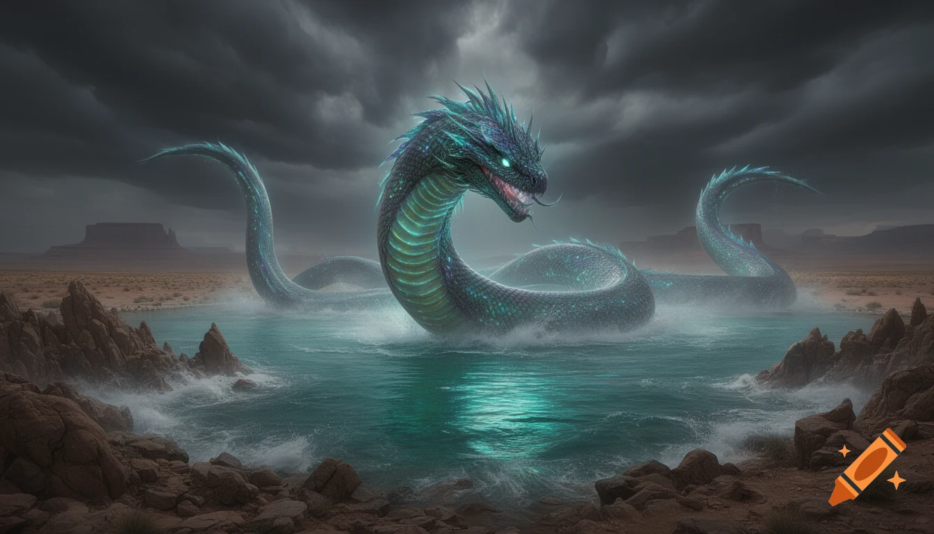 A majestic, glowing blue-green serpentine water monster emerges from a ...