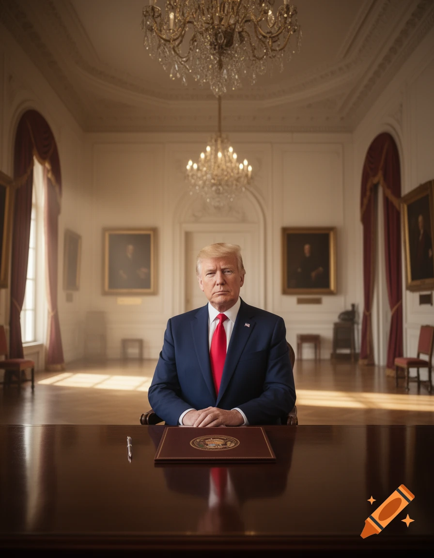 Photorealistic portrait of Donald Trump sitting at a large desk in a ...
