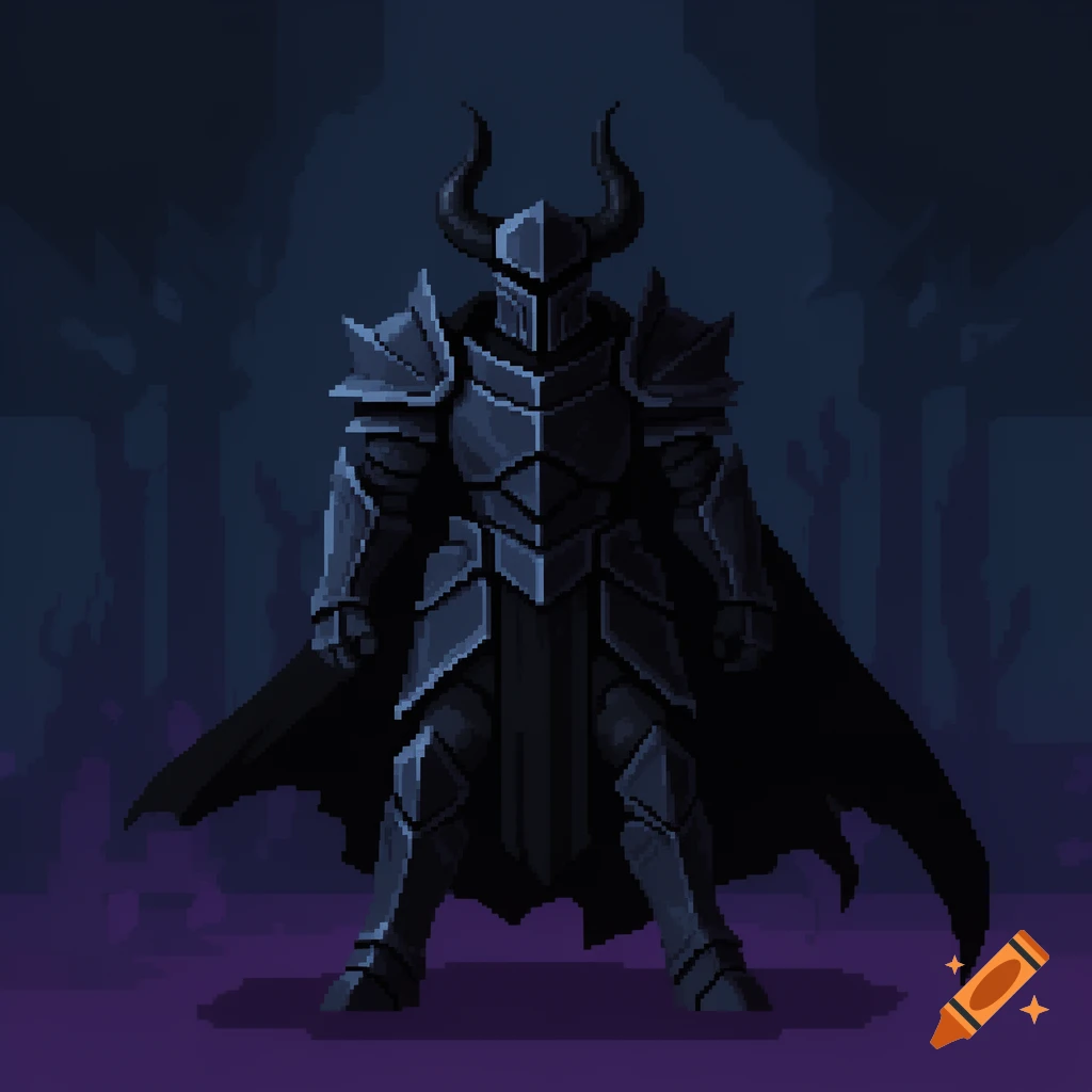 Pixel art illustration of a dark fantasy knight in black horned armor ...