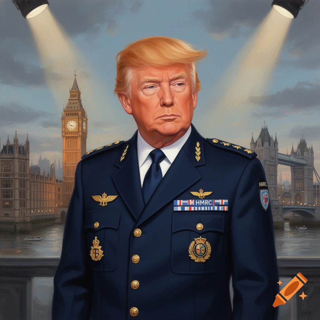 Painterly portrait of Donald Trump in a dark blue uniform with badges ...