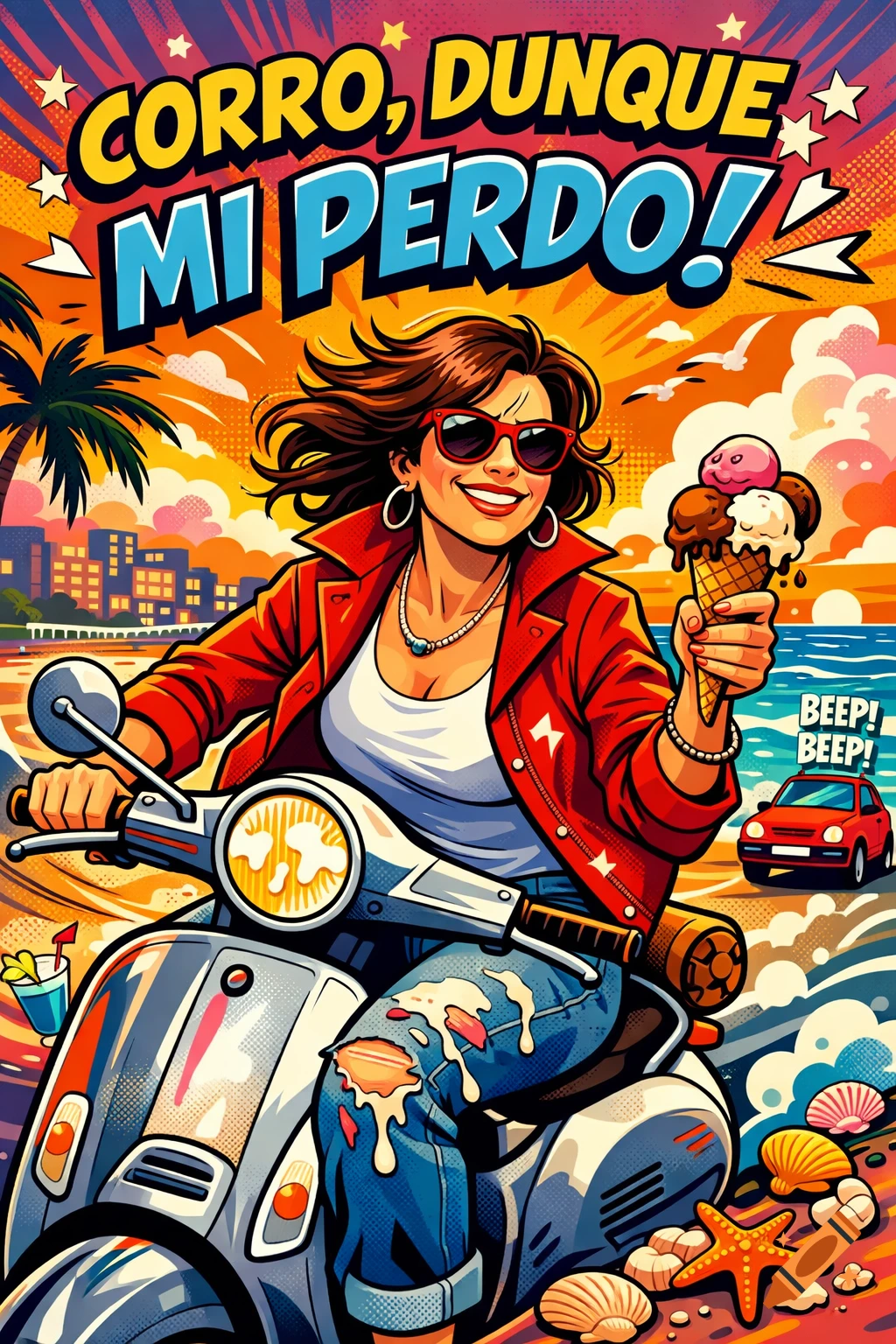 Vibrant pop art of a woman on a scooter holding melting ice cream on a ...