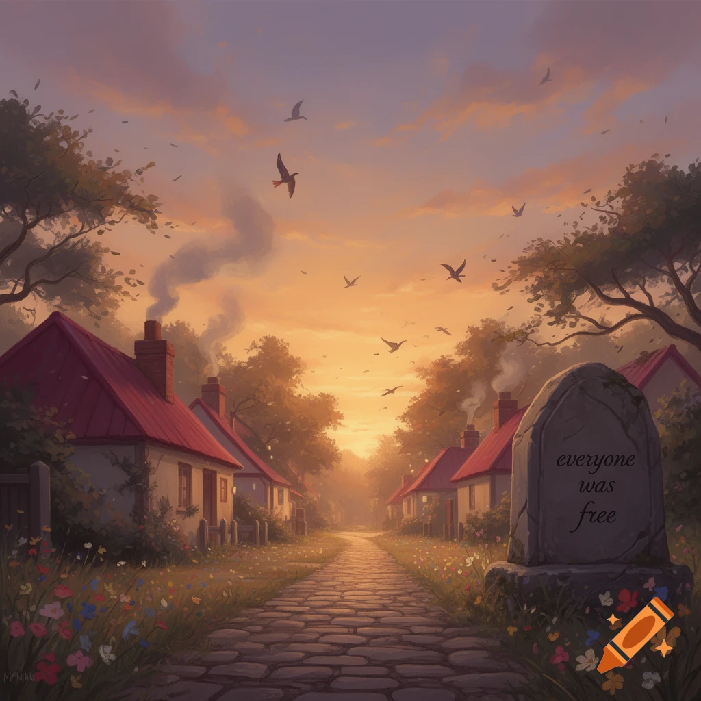Painterly village path at sunset, flanked by cottages and wildflowers ...
