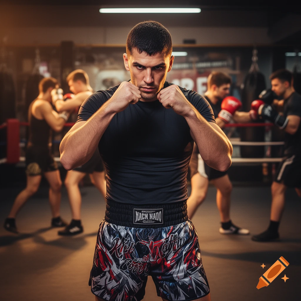 Muscular male boxer in black shirt and patterned shorts in fighting ...