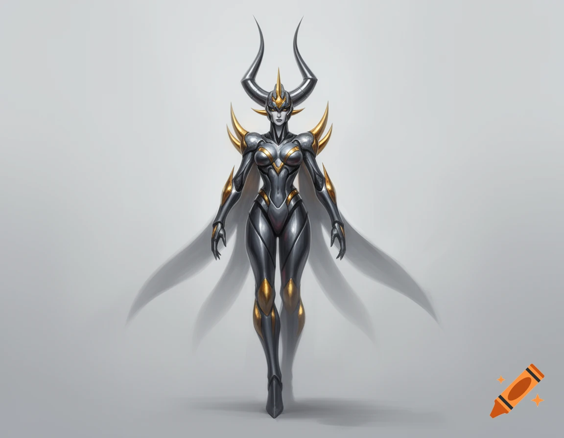 A slender female character in a metallic grey and gold armored suit ...